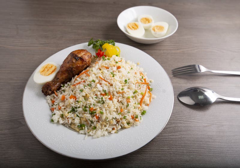 Fried Rice, Eggs with Roasted Chicken Stock Photo - Image of meat ...