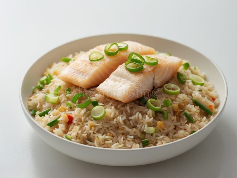 Fried Rice with Fish Fillets and Green Onions. Stock Image - Image of ...