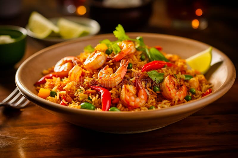 Fried Rice with Fried Prawns, Filled in a Big White Dish, Placed on a ...