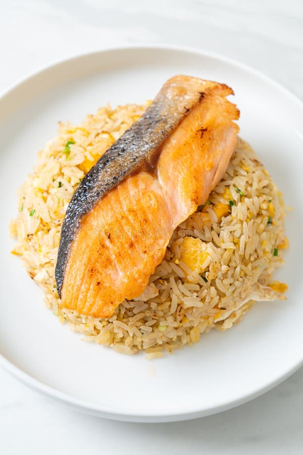 Fried Rice with Grilled Salmon Fillet Steak Stock Photo - Image of ...