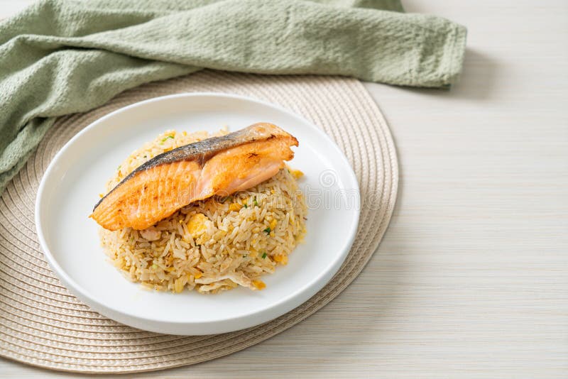 Fried Rice with Grilled Salmon Fillet Steak Stock Image - Image of ...