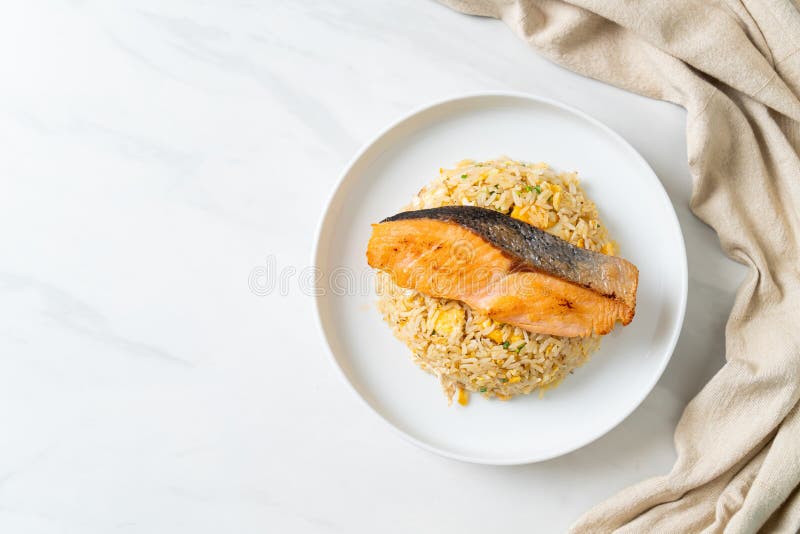 Fried Rice with Grilled Salmon Fillet Steak Stock Image - Image of ...
