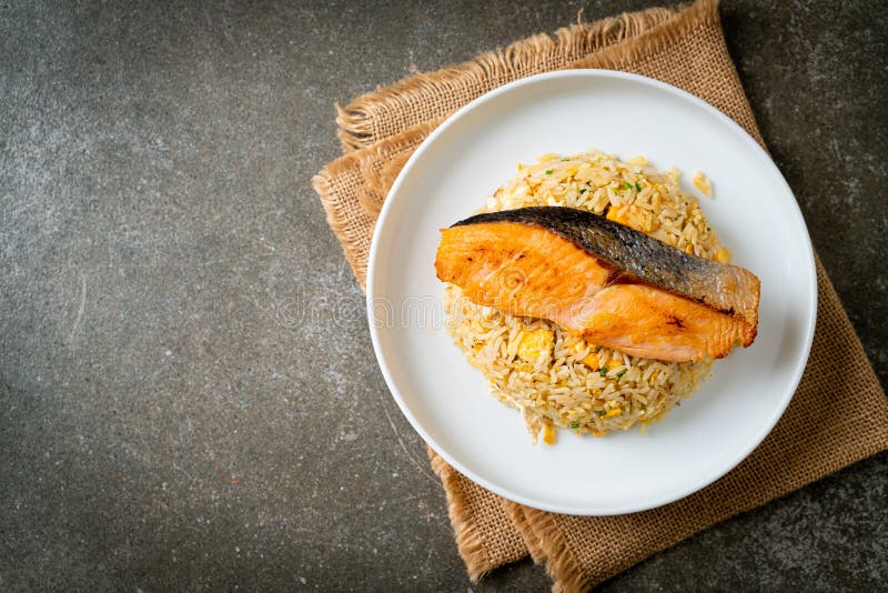 Fried Rice with Grilled Salmon Fillet Steak Stock Photo - Image of ...