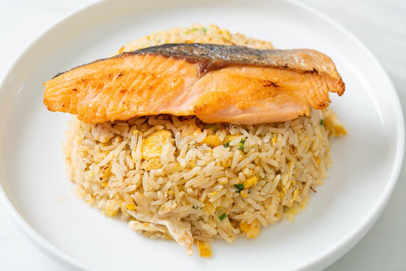 Fried Rice with Grilled Salmon Fillet Steak Stock Photo - Image of ...