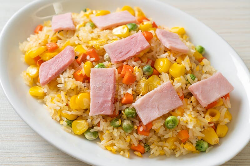 Fried Rice with Ham and Mixed Vegetable Carrot, Green Bean Peas, Carrot ...