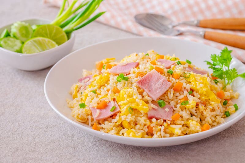 Fried Rice with Ham Pork on White Plate. Stock Image - Image of meat ...