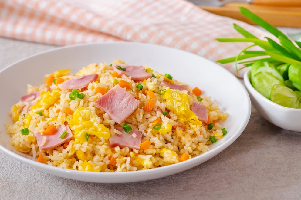Fried Rice with Ham Pork on White Plate Stock Photo - Image of meal ...
