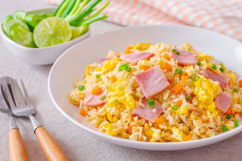 Fried Rice with Ham Pork on White Plate Stock Photo - Image of meat ...