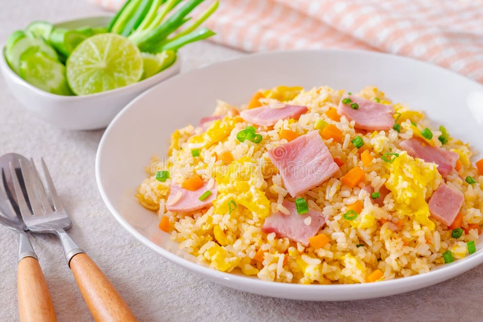 Fried Rice with Ham Pork on White Plate Stock Photo - Image of meat ...