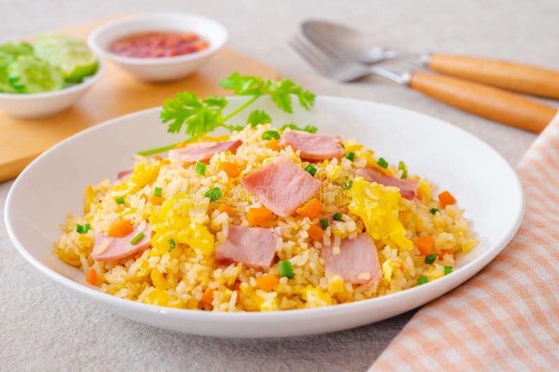 Fried Rice with Ham Pork on White Plate Stock Image - Image of ...