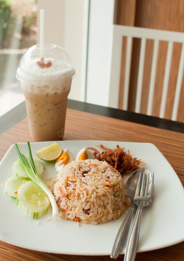 Fried Rice with Iced Coffee Stock Image - Image of healthy, onion: 33542943