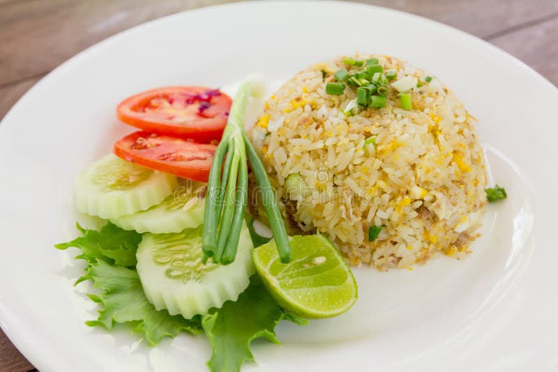 Fried Rice with Lemon ,Spring Onion, Cucumber and Tomato Stock Image ...