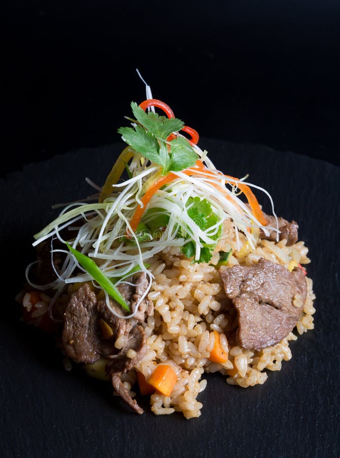Fried rice with meat stock image. Image of plate, food - 72683601