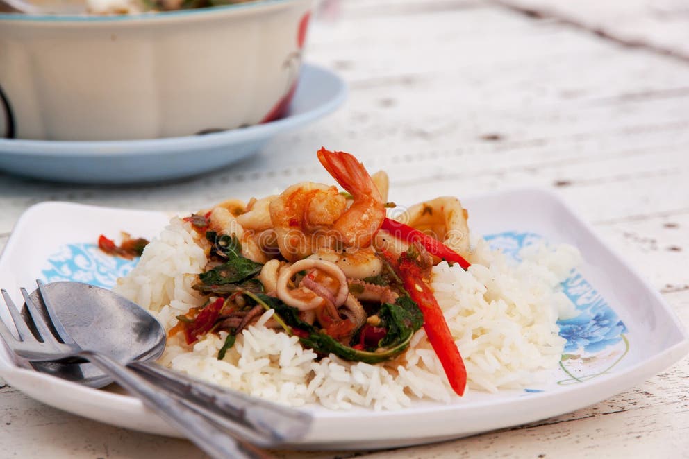 Fried Rice with Mixed Seafood Basil 01 Stock Image - Image of plant ...