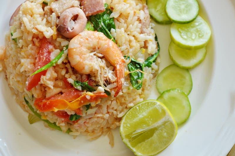 Fried Rice with Mixed Seafood and Pork on Dish Stock Photo - Image of ...