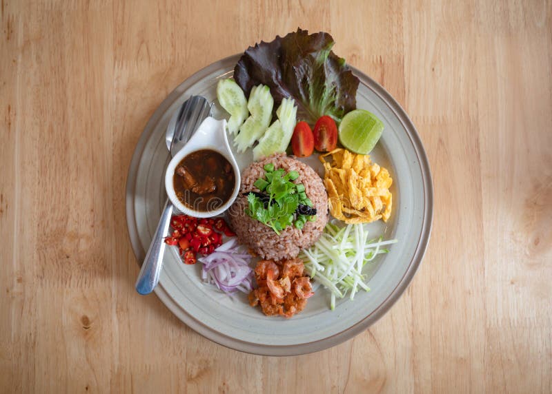 Fried Rice Mixed with Shrimp Paste with Marinated Pork, Herb and ...