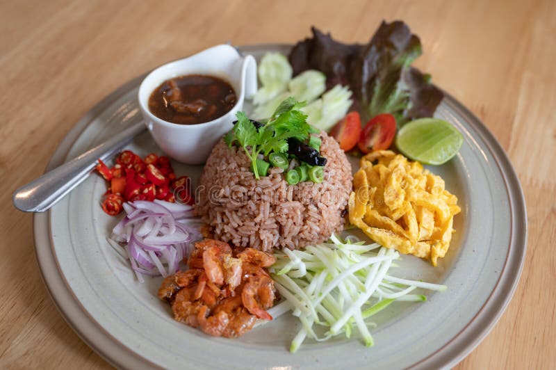 Fried Rice Mixed with Shrimp Paste with Marinated Pork, Herb and ...