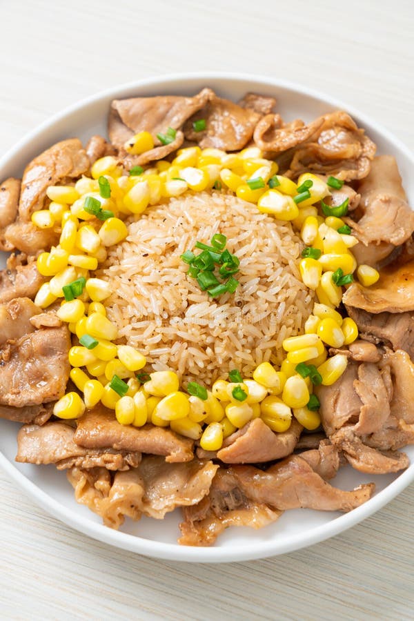 Fried Rice with Pork Sliced and Corn Stock Photo - Image of green ...