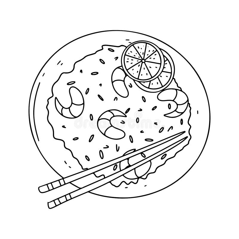 Fried Rice with Shrimp in Hand Drawn Doodle Style. Prepared in Wok. Top ...