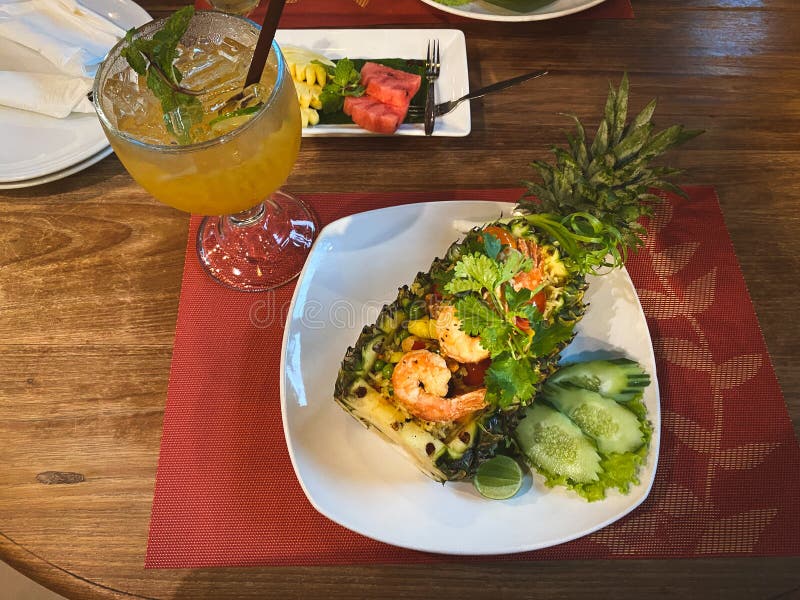 Fried Rice with Shrimp in Pineapple with Lychee Juice and a Fruit Plate ...