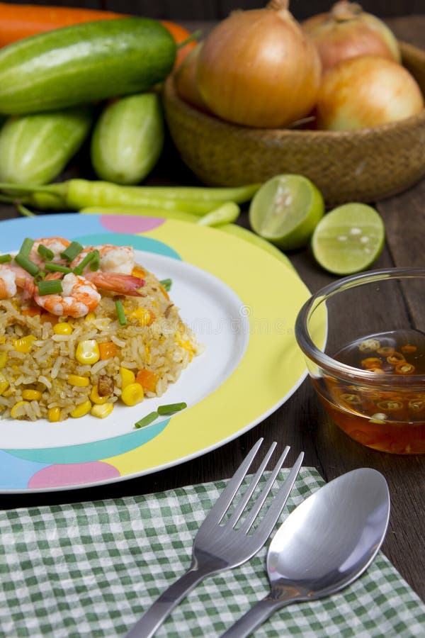 Fried Rice with Shrimp on the Wood Table Stock Image - Image of meal ...