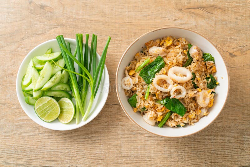 Fried Rice with Squid or Octopus Stock Photo - Image of octopus ...