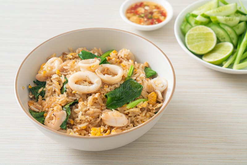 Fried Rice with Squid or Octopus Stock Photo - Image of homemade ...