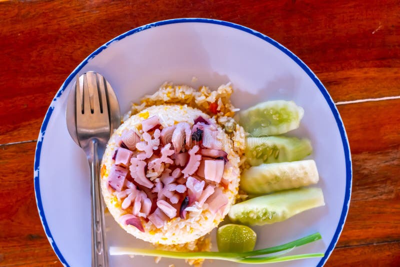 Fried Rice with Squid or Octopus - Stir-fried Rice Stock Photo - Image ...