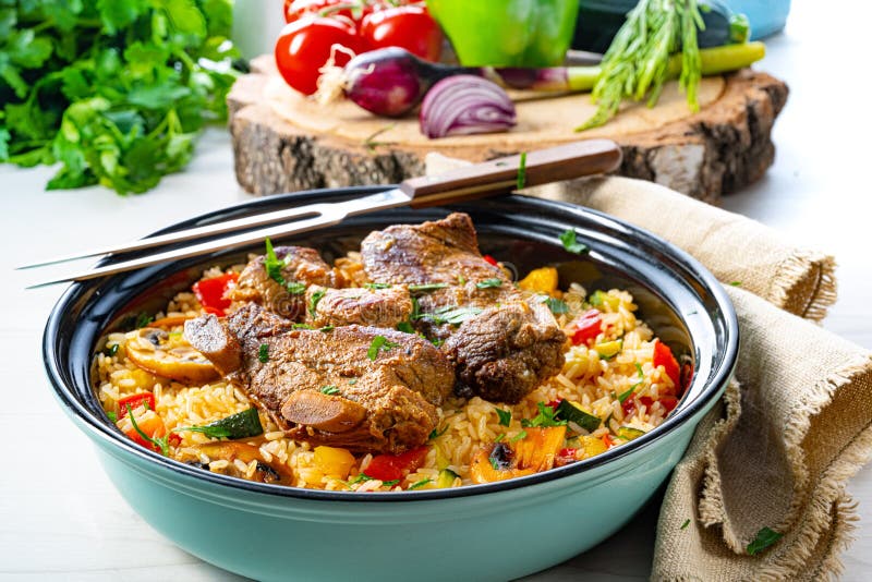 A Fried Rice with Vegetables and Meat Stock Photo - Image of curry ...