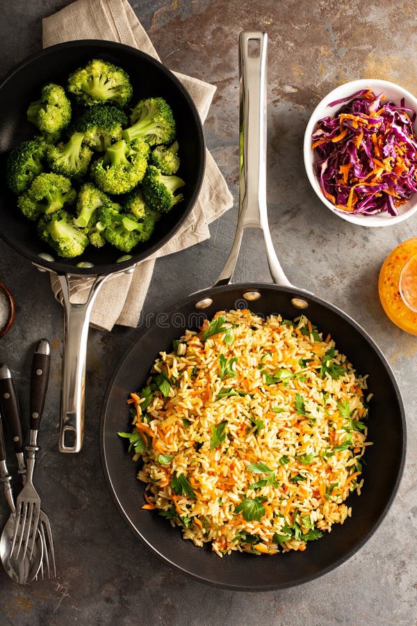 Fried Rice with Vegetables and Steamed Broccoli Stock Image - Image of ...