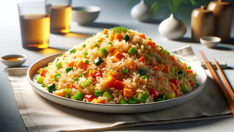 Fried Rice with Vegetables on a White Plate Stock Illustration ...