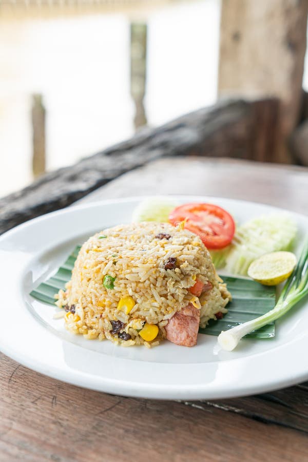 Fried rice on white plate stock image. Image of meat - 268344995