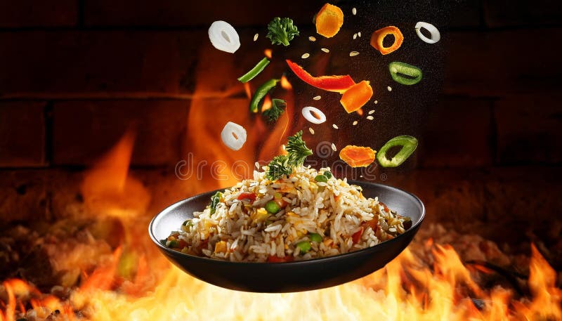 Fried Rice with a Wok and Seasonings Floating in the Air Stock ...