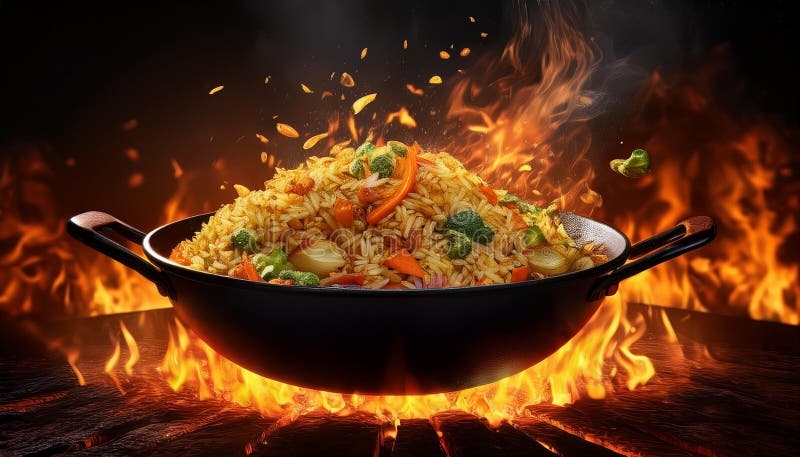 Fried Rice with a Wok and Seasonings Floating in the Air Stock ...