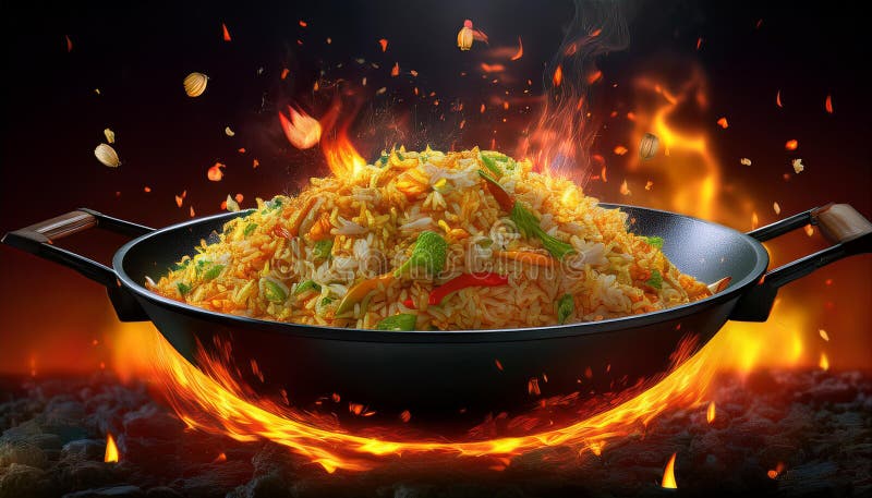 Fried Rice with a Wok and Seasonings Floating in the Air the Background ...