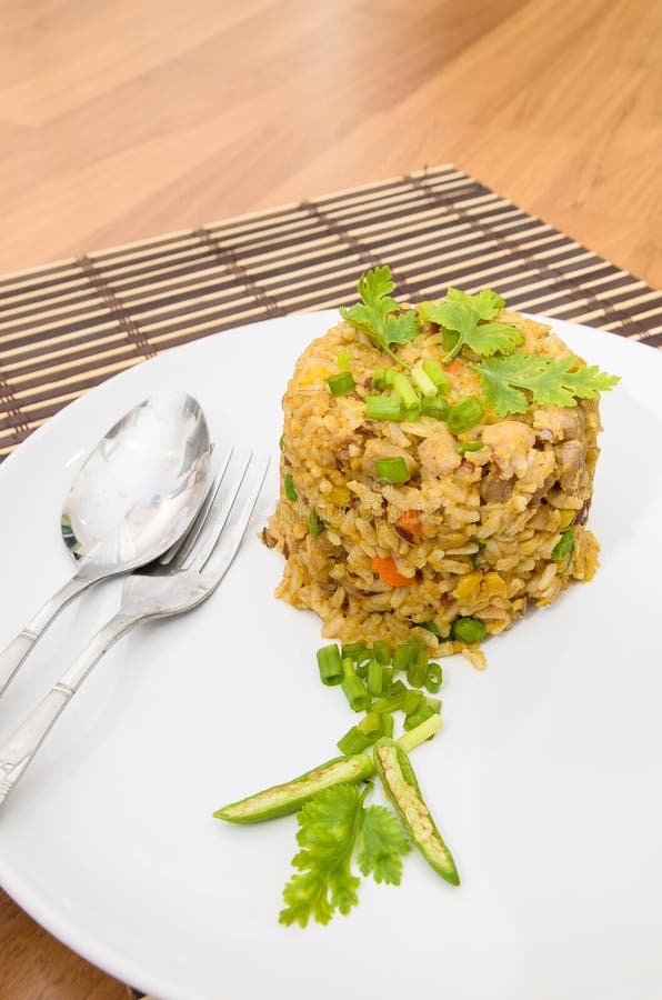 Fried Rice Yellow Curry with Pork on Bamboo Mat Stock Image - Image of ...