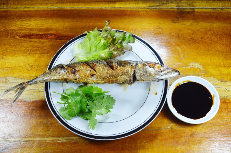 Fried Saba Fish and Vegetable with Sweet Black Soy Sauce Stock Image ...