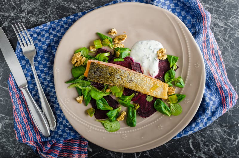 Fried Salmon with Herbs and Beets Stock Photo - Image of fresh, cooked ...