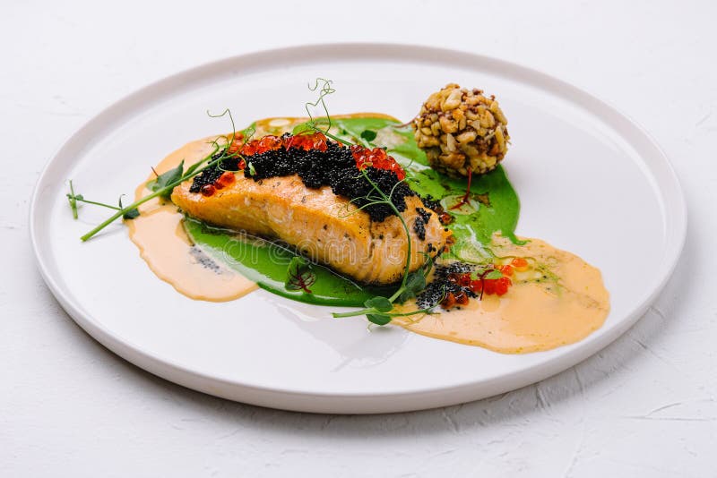 Fried Salmon with Red and Black Caviar Stock Image - Image of recipe ...