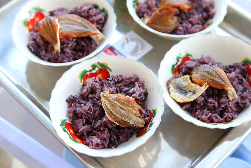 Fried Salt Fish with Black Sticky Rice Stock Photo - Image of rice ...