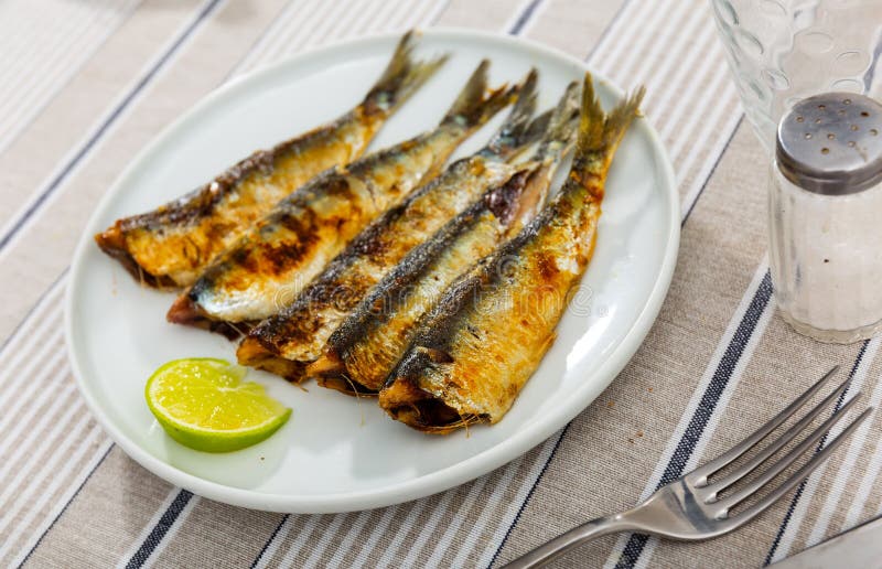 Fried Sardine Fish Served on Plate Stock Photo - Image of appetizing ...
