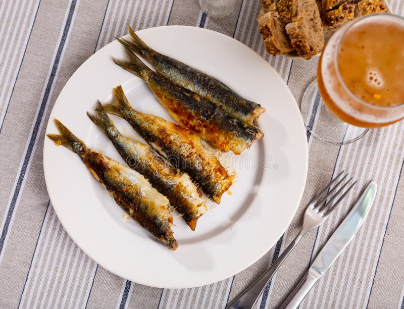 Fried Sardine Fish Served on Plate Stock Image - Image of vegetables ...