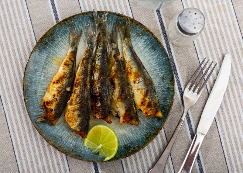 Fried Sardine Fish Served on Plate Stock Image - Image of plate, salted ...