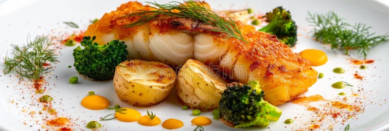 Fried Sea Cod Fillet with Baked Vegetables on White Restaurant Plate ...