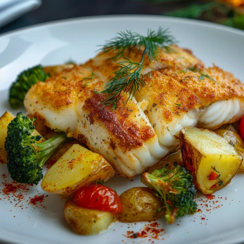 Fried Sea Cod Fillet with Baked Vegetables on White Restaurant Plate ...