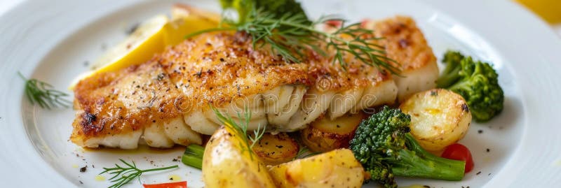 Fried Sea Cod Fillet with Baked Vegetables on White Restaurant Plate ...