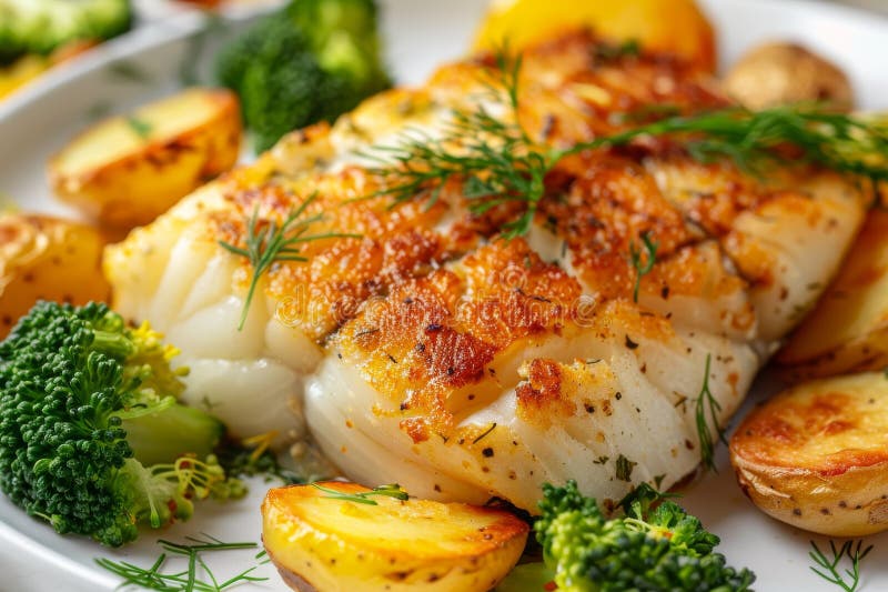Fried Sea Cod Fillet with Baked Vegetables on White Restaurant Plate ...