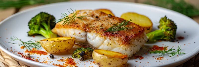 Fried Sea Cod Fillet with Baked Vegetables on White Restaurant Plate ...