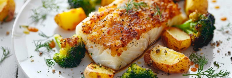 Fried Sea Cod Fillet with Baked Vegetables on White Restaurant Plate ...