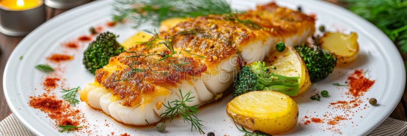 Fried Sea Cod Fillet with Baked Vegetables on White Restaurant Plate ...